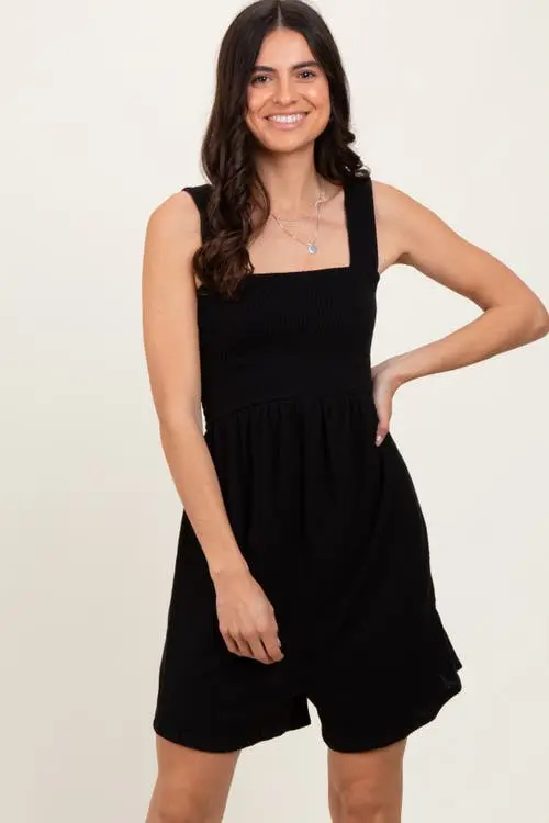 PINKBLUSH Ribbed Smocked Bodice Maternity Romper - Black