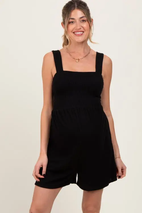 PINKBLUSH Ribbed Smocked Bodice Maternity Romper - Black