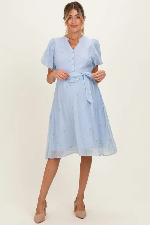 PINKBLUSH Floral Embroidered Puff Sleeve V-neck Midi Dress - Blue