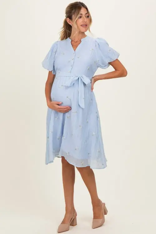 PINKBLUSH Floral Embroidered Puff Sleeve Tie Waist Maternity Dress