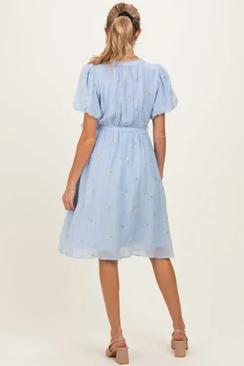 PINKBLUSH Floral Embroidered Puff Sleeve Tie Waist Maternity Dress