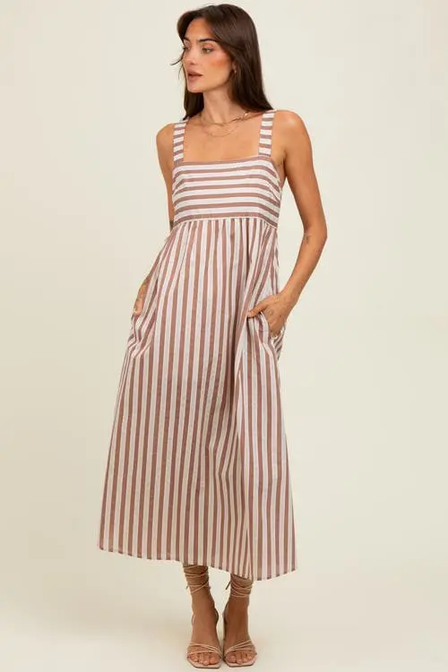 PINKBLUSH Striped Sleeveless Square Neck Midi Dress With Pockets