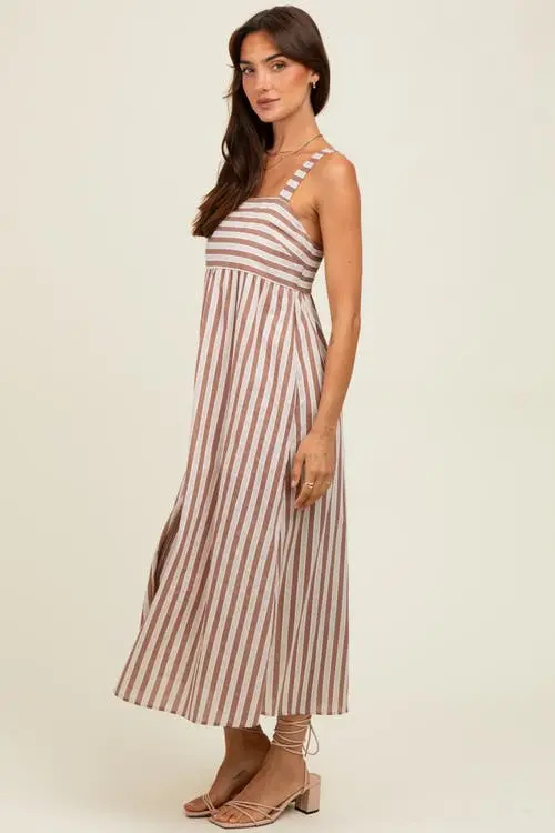 PINKBLUSH Striped Sleeveless Square Neck Midi Dress With Pockets