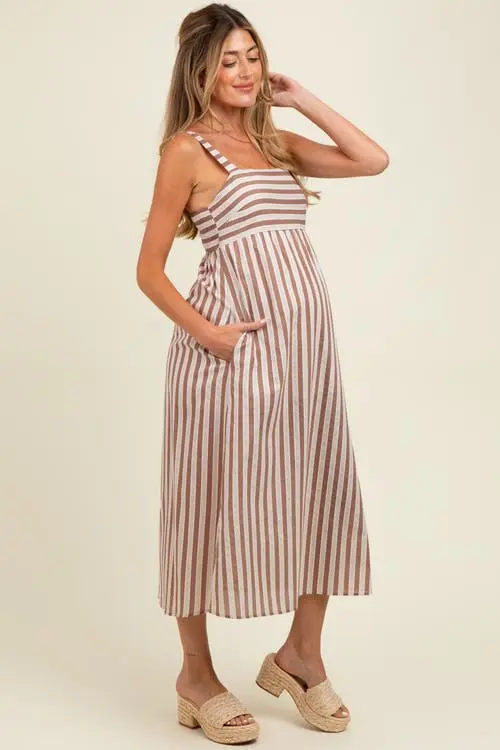 PINKBLUSH Striped Sleeveless Square Neck Midi Dress With Pockets