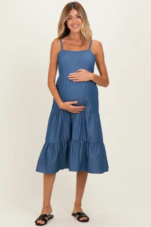 PINKBLUSH Tiered Sleeveless Maternity Midi Dress - Denim