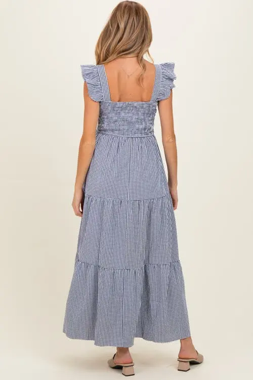 PINKBLUSH Gingham Ruffle Strap Smocked Maxi Dress - Navy Blue