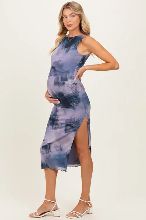 PINKBLUSH Sleeveless Mesh Abstract Print Midi Maternity Dress
