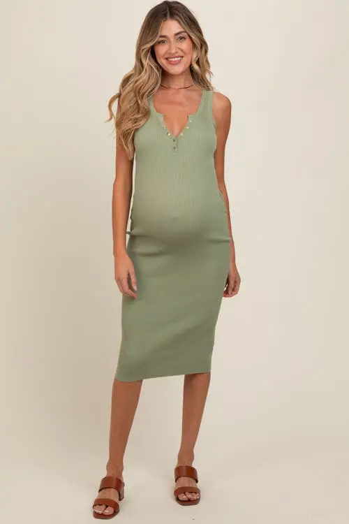 PINKBLUSH Ribbed Fitted Sleeveless Midi Dress With Snap Button Front - Light Olive