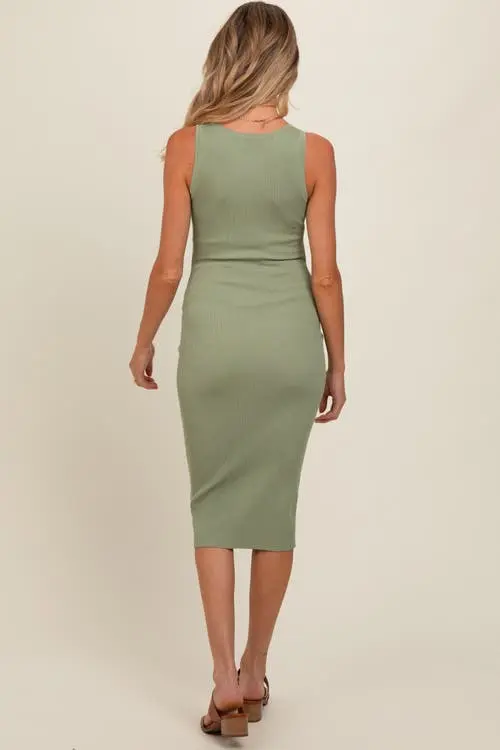 PINKBLUSH Ribbed Fitted Sleeveless Snap Button Midi Dress
