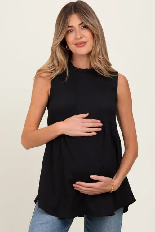 PINKBLUSH Sleeveless Ruffle Mock Neck Maternity Blouse - Black