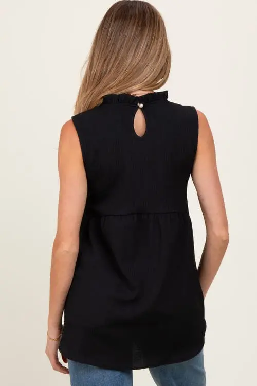 PINKBLUSH Sleeveless Ruffle Mock Neck Maternity Blouse - Black
