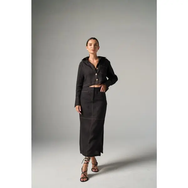 JBQ Reese Linen Midi Skirt - Black