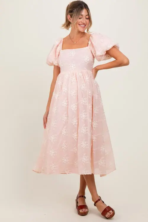 PINKBLUSH Textured Midi Dress With Puff Sleeves - Pink
