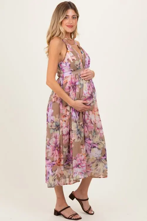 PINKBLUSH Floral Print V-neck Open Back Midi Dress