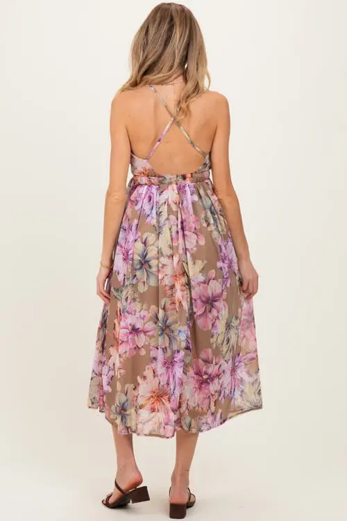 PINKBLUSH Floral Print V-neck Open Back Midi Dress