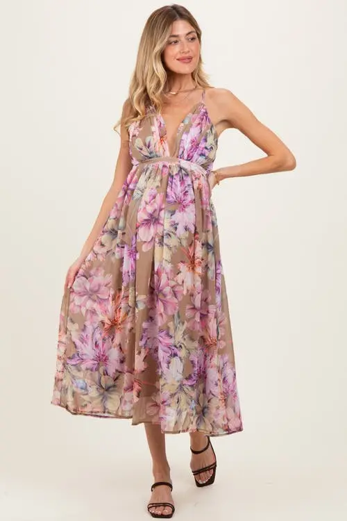 PINKBLUSH Floral Print V-neck Open Back Midi Dress - Mocha