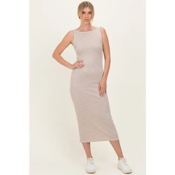 PINKBLUSH Striped Boatneck Sleeveless Maternity Midi Dress - Mocha