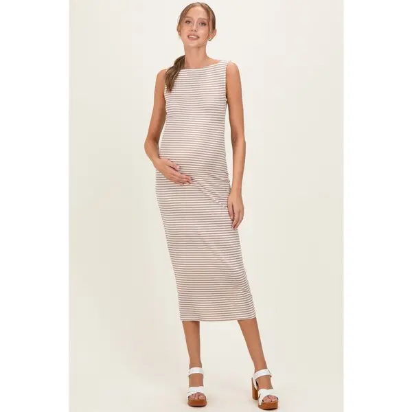 PINKBLUSH Striped Boat Neck Sleeveless Midi Dress - Mocha