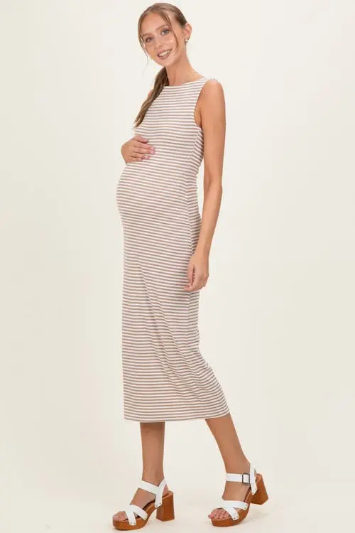 PINKBLUSH Striped Boatneck Sleeveless Maternity Midi Dress - Mocha
