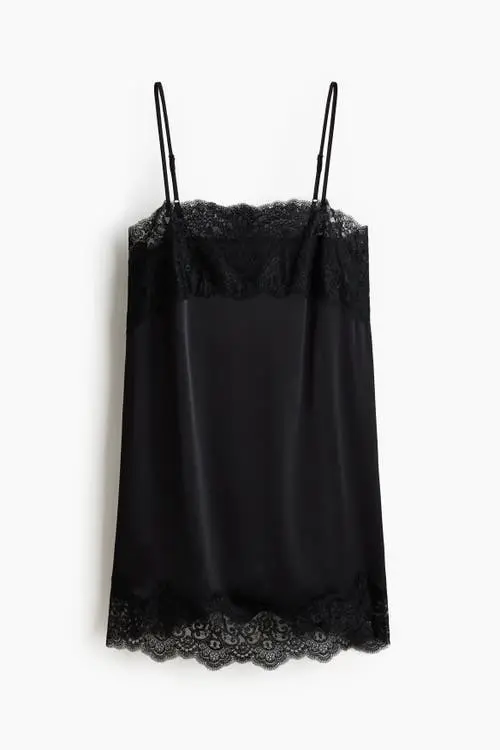 H&m Lace-trimmed Satin Nightslip - Black