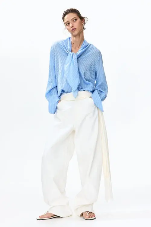H&m Lyocell Blend Shirt With Scarf Collar - Blue/striped