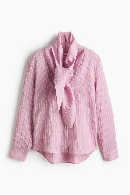 H&m Scarf Collar Shirt In Lyocell Blend - Pink/striped