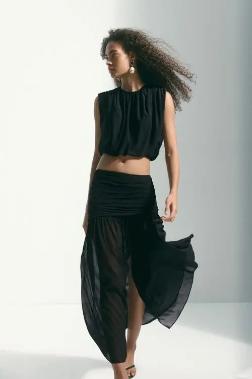 H&m Sheer Maxi Skirt With Asymmetrical Waistband - Black