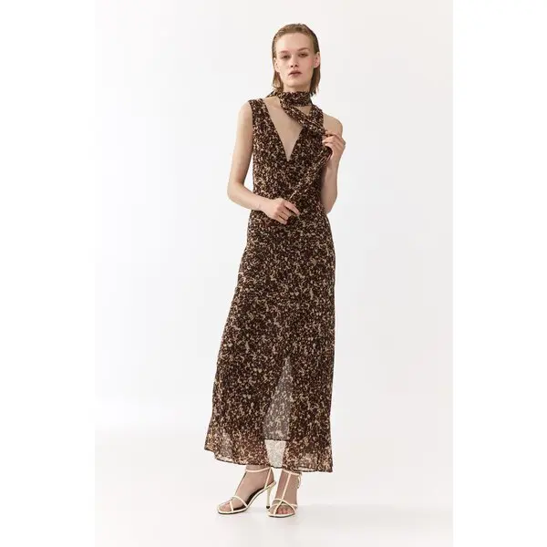 H&m Long Chiffon Dress With Scarf Detail - Dark Brown/patterned