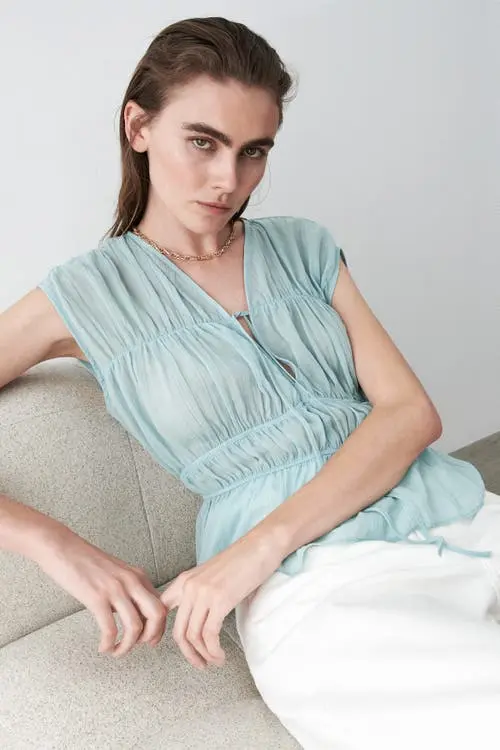 H&m Ruched Cotton Blend Blouse With Deep V-neckline - Light Turquoise