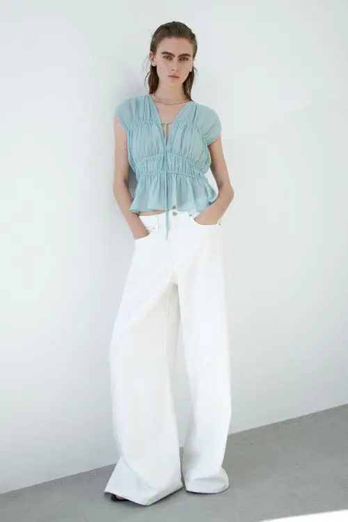 H&m Ruched Cotton Blouse - Light Turquoise