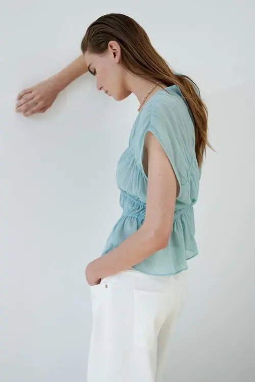 H&m Ruched Cotton Blouse - Light Turquoise