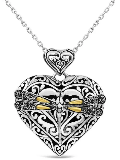 DEVATA Sterling And 18k Gold Dragonfly Heart Pendant Necklace - Silver