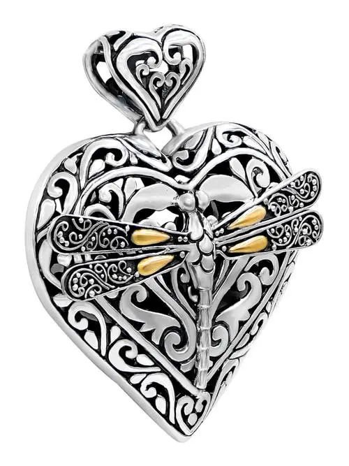 DEVATA Sterling And 18k Gold Dragonfly Heart Pendant Necklace