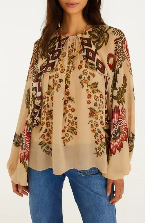 Farm Rio Floral Cascade Long Sleeve Top - Orange