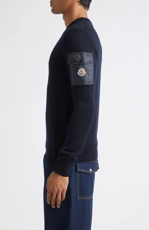 Moncler Extrafine Virgin Wool Crewneck Sweater With Nylon Pocket - Obsidian Blue
