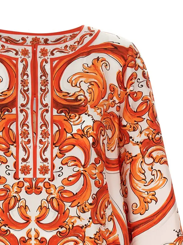 Dolce & Gabbana Maiolica Print Draped Long Sleeve Dress