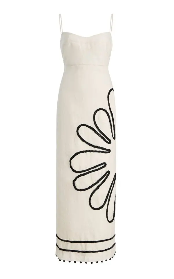CALA DE LA CRUZ Embroidered Linen Midi Dress - Black,white