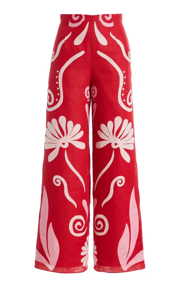 CALA DE LA CRUZ Graphic Print Wide-leg Linen Pants - Red