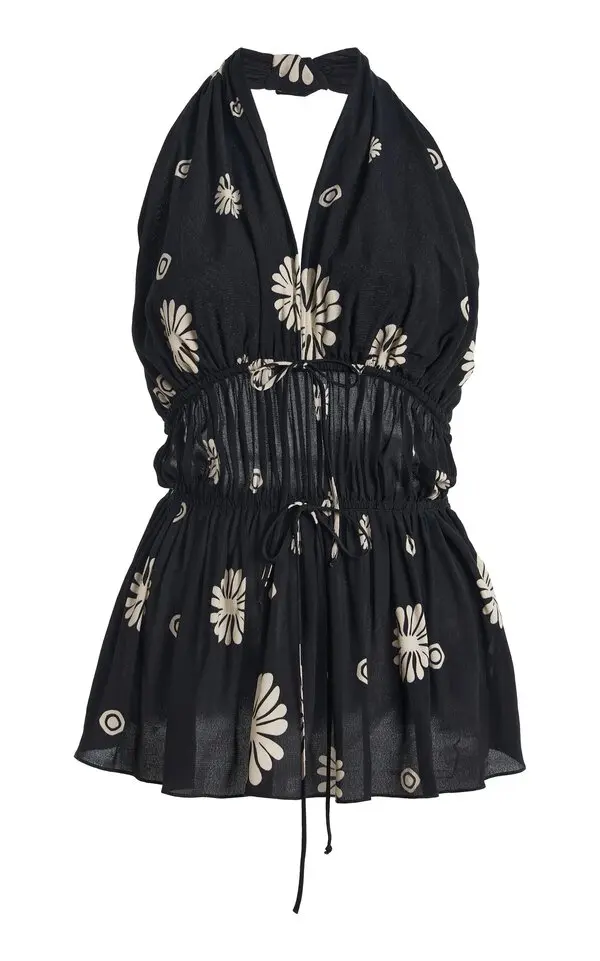CALA DE LA CRUZ Rosie Halter Neck Floral Print Pleated Chiffon Top - Black,white