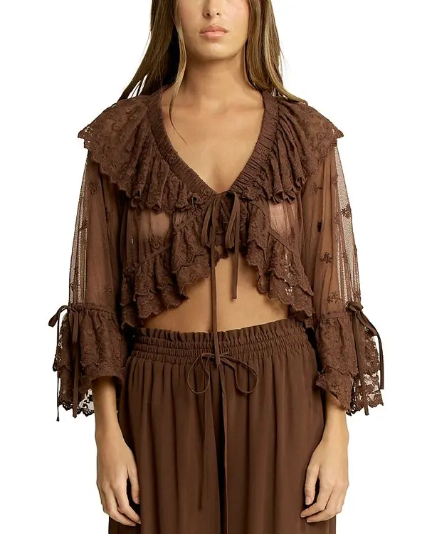 ELEVATOR DISCO Eleveator Disco Eleanor Ruffle Tie Front Top - Brown