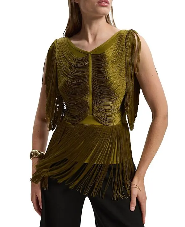 Karen Millen Draped Fringe Knitted Top - Olive