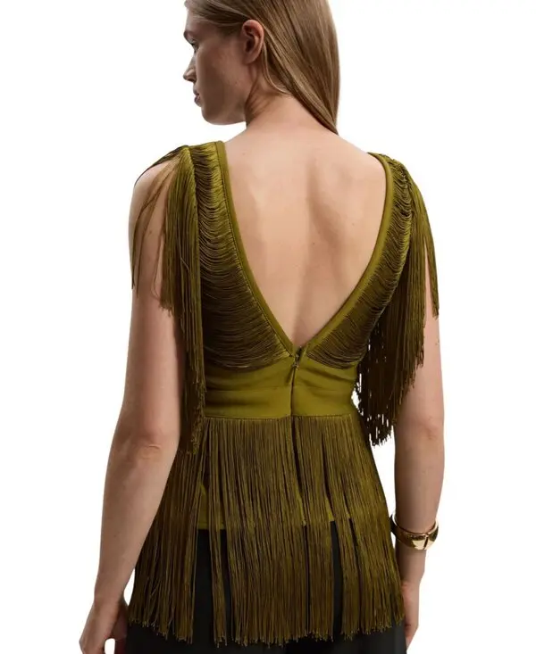 Karen Millen Draped Fringe Knitted Top - Olive