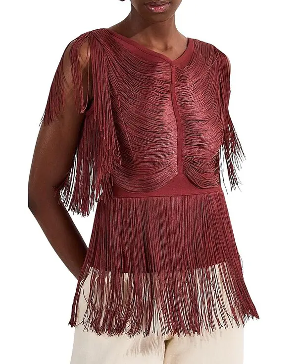 Karen Millen Draped Fringe Knitted Top - Rich Red