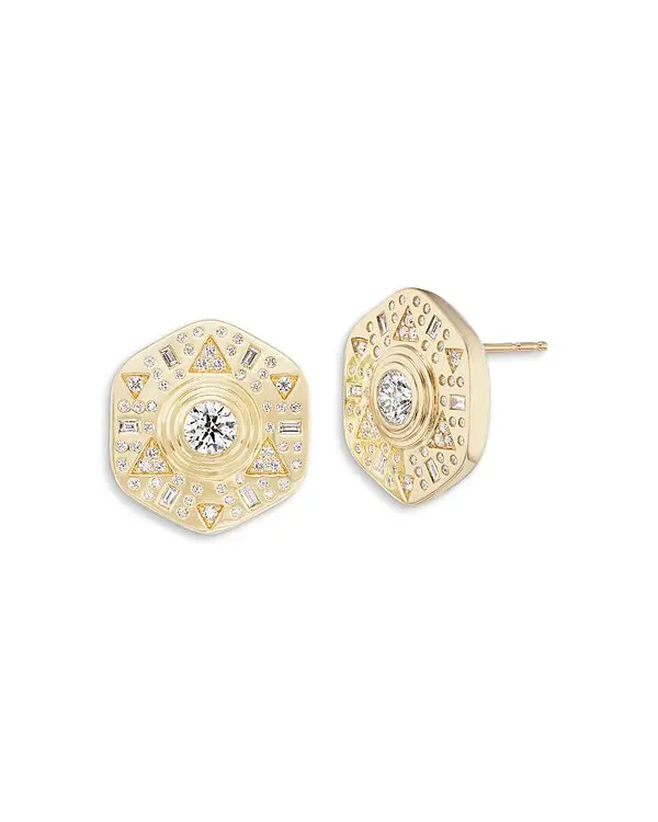 Harwell Godfrey 18k Yellow Stardust Diamond Hexagon Button Stud Earrings - Gold