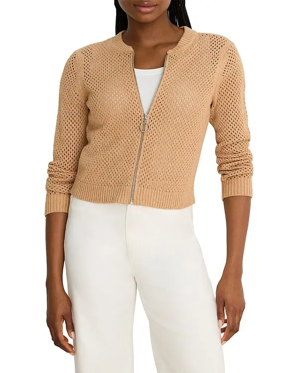 NIC+ZOE Zip Front Mesh Cardigan Sweater - Caramel