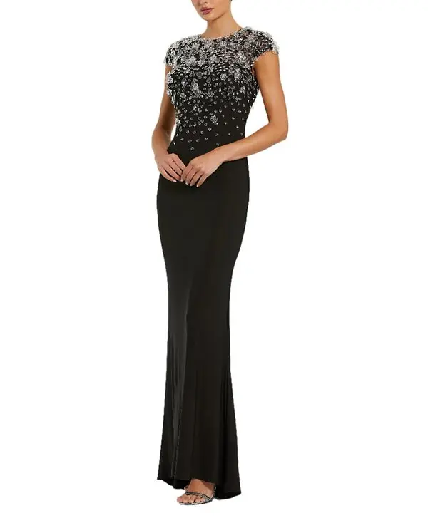 Mac Duggal Embellished Jersey Fitted Cap Sleeve Gown - Black