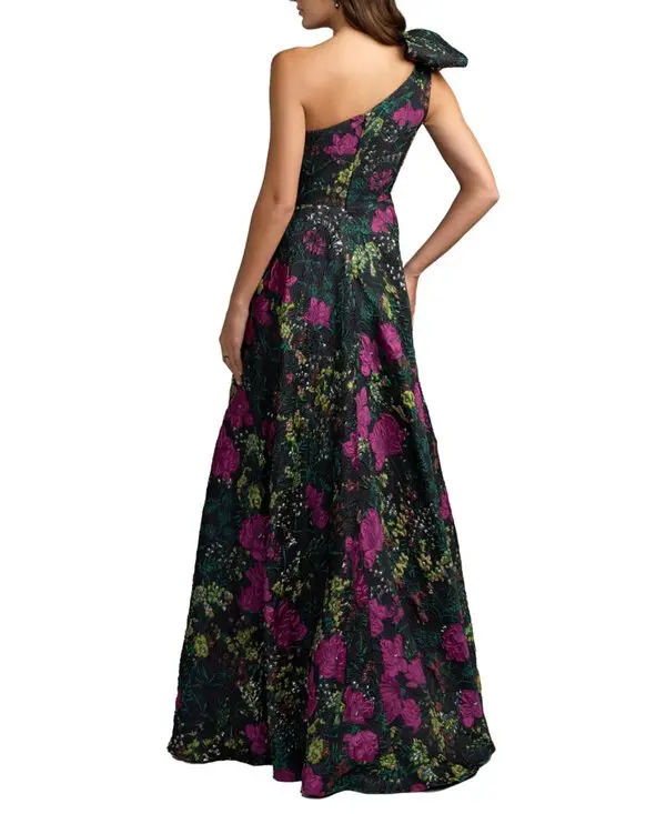 Mac Duggal One Shoulder Brocade Gown With Bow Detail - Black Multi