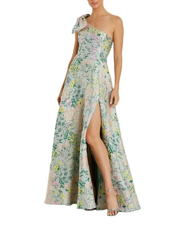Mac Duggal One Shoulder Brocade Gown With Bow Detail - Pastel Multi
