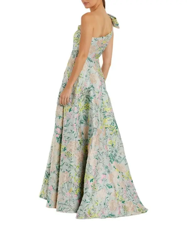 Mac Duggal One Shoulder Brocade Gown With Bow Detail