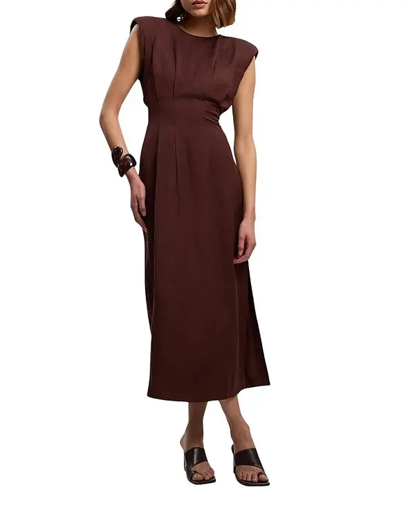 Karen Millen Linen Blend Pin Tucked Midi Dress - Chocolate